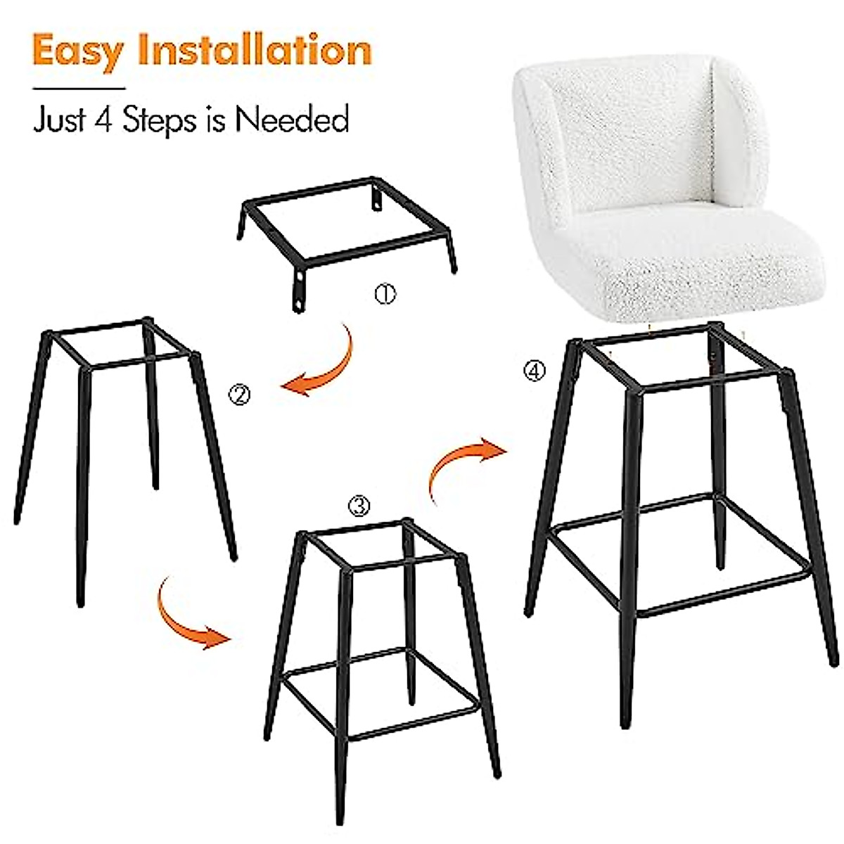 Yaheetech Bar Stools Set of 4 Boucle Fabric Upholstered Counter Height Stools Armless Kitchen Island Stools with Black Metal Legs for Pub Club Kitchen, White