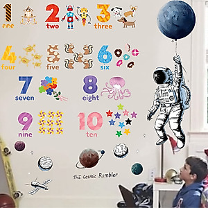 Colorful Number Wall Stickers Peel and Stick Removable DIY Cartoon Astronaut Wall Decals for Boys Living Room Nursery Wall Decors (zsz1902-g)