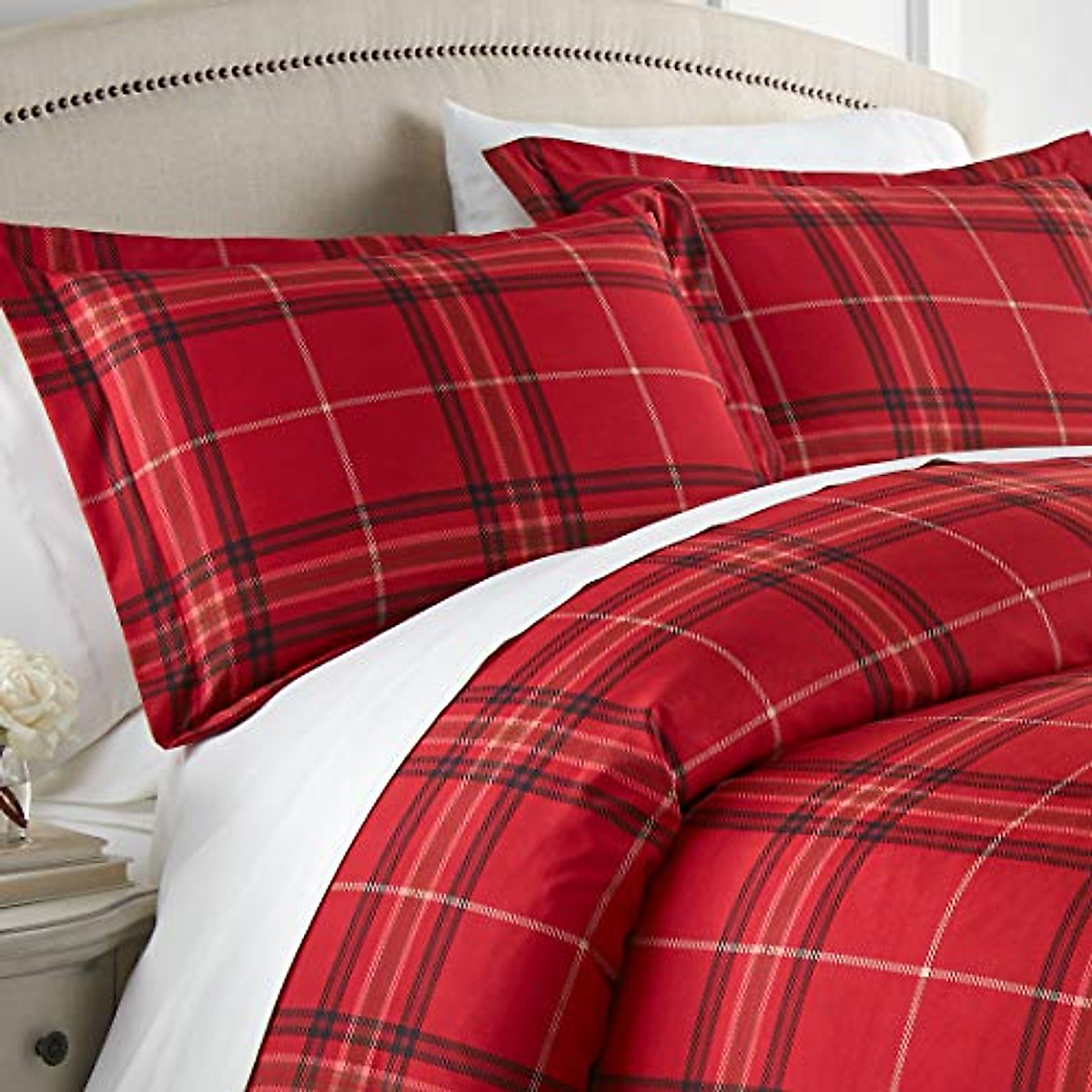 Vilano Plaid Collection - Premium Quality, Soft, Wrinkle, Fade, & Stain Resistant, Easy Care, Oversized Duvet Cover Set, Full/Queen, Red,