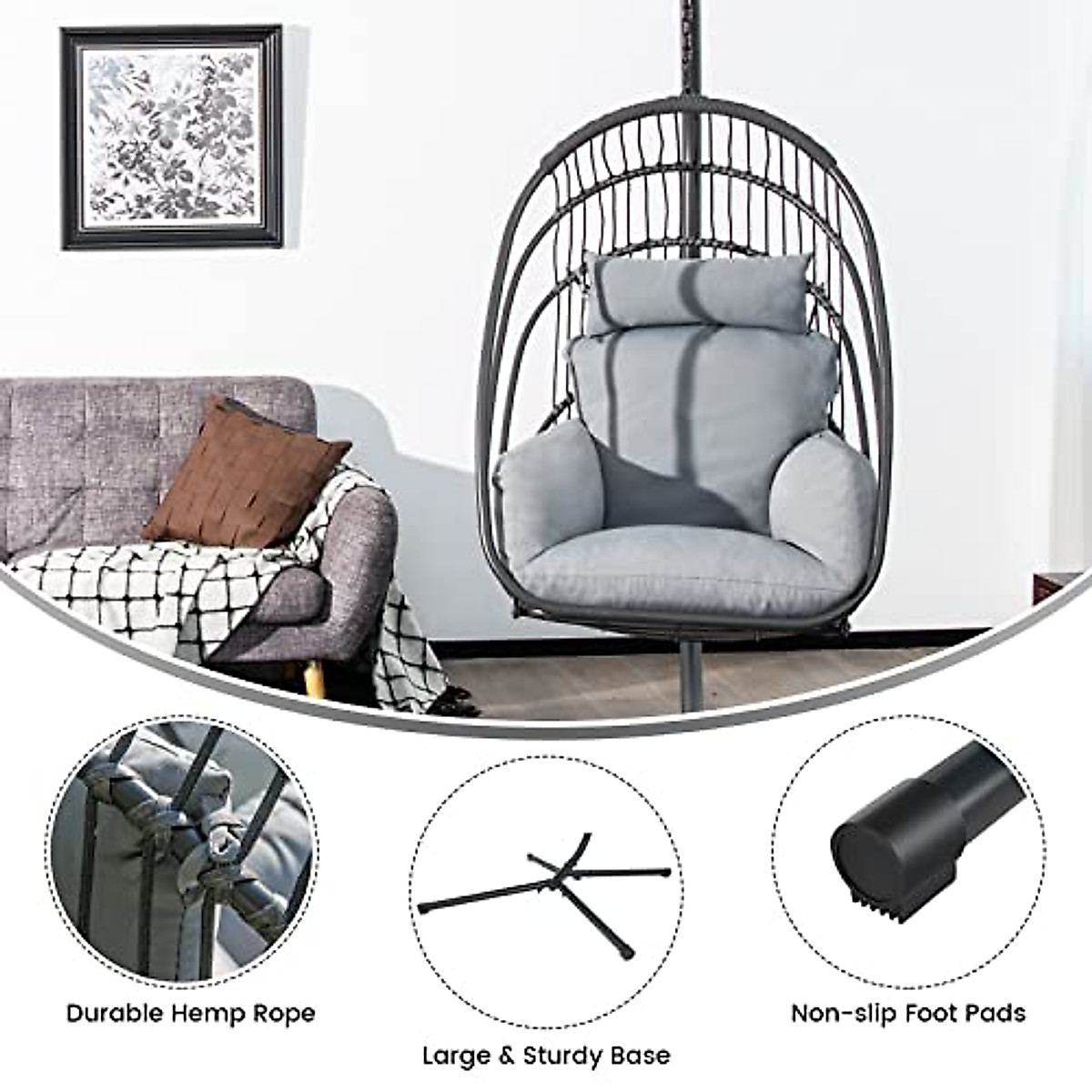 Giantex Egg Chair Hammock Stand - Hanging Swing with Stand, Folding Swinging Chair with Soft Cushion & Pillow, Wicker Rattan Hanging Chair for Bedroom,Garden, Patio Foldable Hammock Chair (Grey)