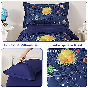 KINBEDY 4 Pieces Space Toddler Bedding Set for Boys Navy Blue Planet Star Bed Sheets Set Comforter Set for Baby Kids | Include Comforter, Flat Sheet, Fitted Sheet, Pillowcase
