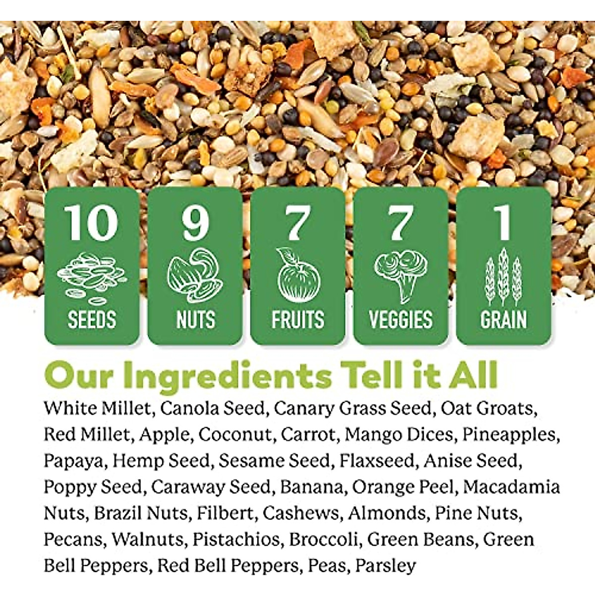 Dr. Harvey's Our Best Parakeet Food, Wholesome Seeds, Nuts, Fruits, and Vegetables Bird Feed for Budgies and Parakeets