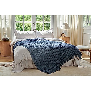 Esterra Knitted Farmhouse Throw Blanket with Braided Tassels, Stylish Ruffle Warm Cozy Breathable, All Season Super Soft Boho Throw for Home Decorative Bed Couch Sofa (Indigo Ombre 50"x70")