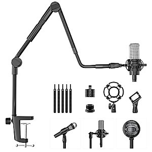 Microphone Stand, 37" Adjustable Gooseneck Mic Boom Arm with 5/8" & 1/4" Adapter, Shock Mount, Mic Clip Holder, Desk Mount Suspension Boom for Blue Yeti Nano, Snowball Ice, Recording and Gaming