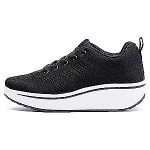 WUIWUIYU Womens Outdoor Casual Wedge Platform Mesh Lace-Up Sport Athletic Rocker Shoes Trainers Sneakers Black Size 5 M US