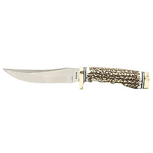 Uncle Henry 153UH Next Gen Golden Spike Knife with 5in High Carbon S.S. Fixed Blade, Staglon Handle, Sharpening Stone, and Leather Belt Sheath for EDC, Hunting, Survival, Camping and Outdoors,Brown