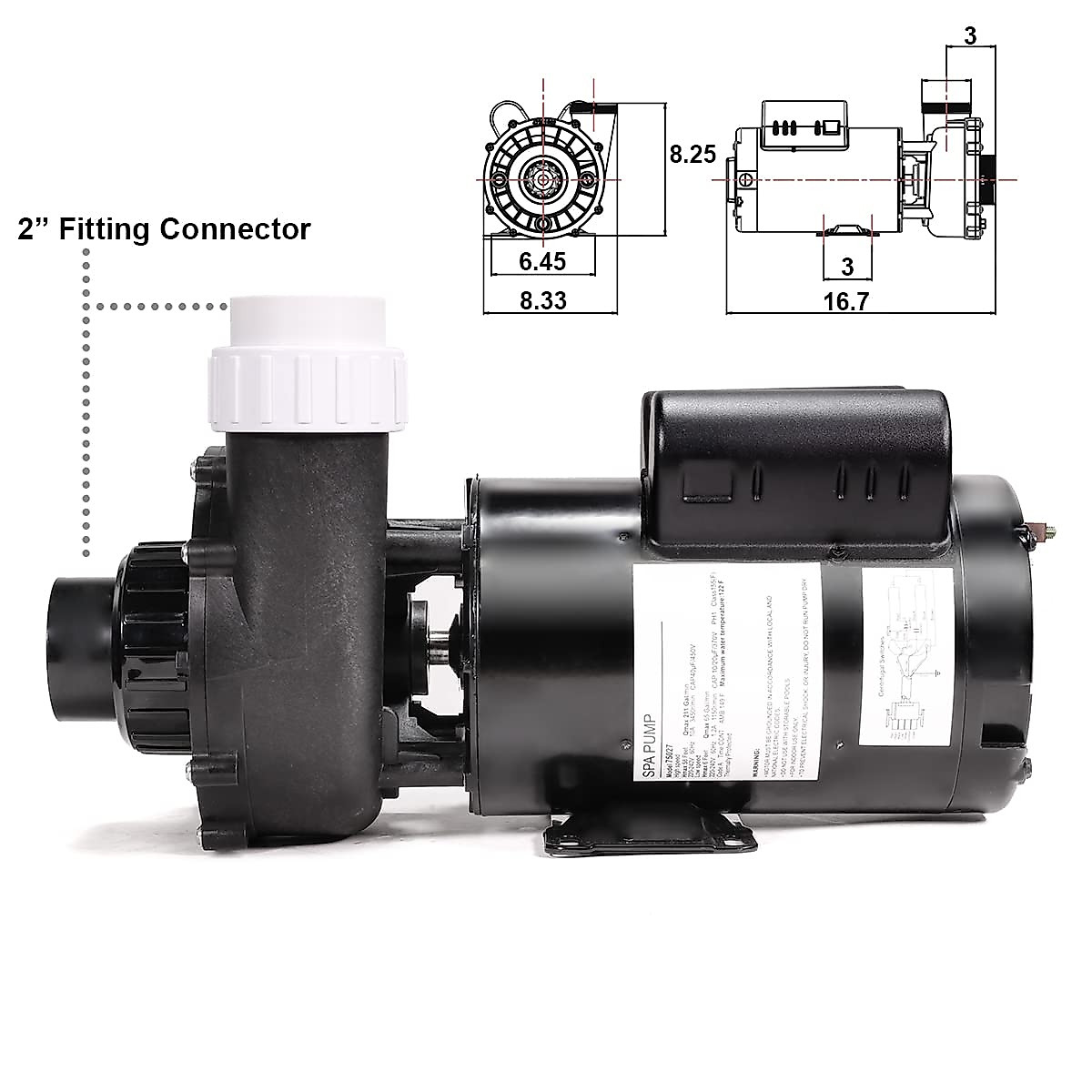 XtremepowerUS 3.0HP High Flow 230 Volt Spa Pump Side Discharge Pump 2" Intake Circulating Hot Tub 2-Speed, Fitting Set Included