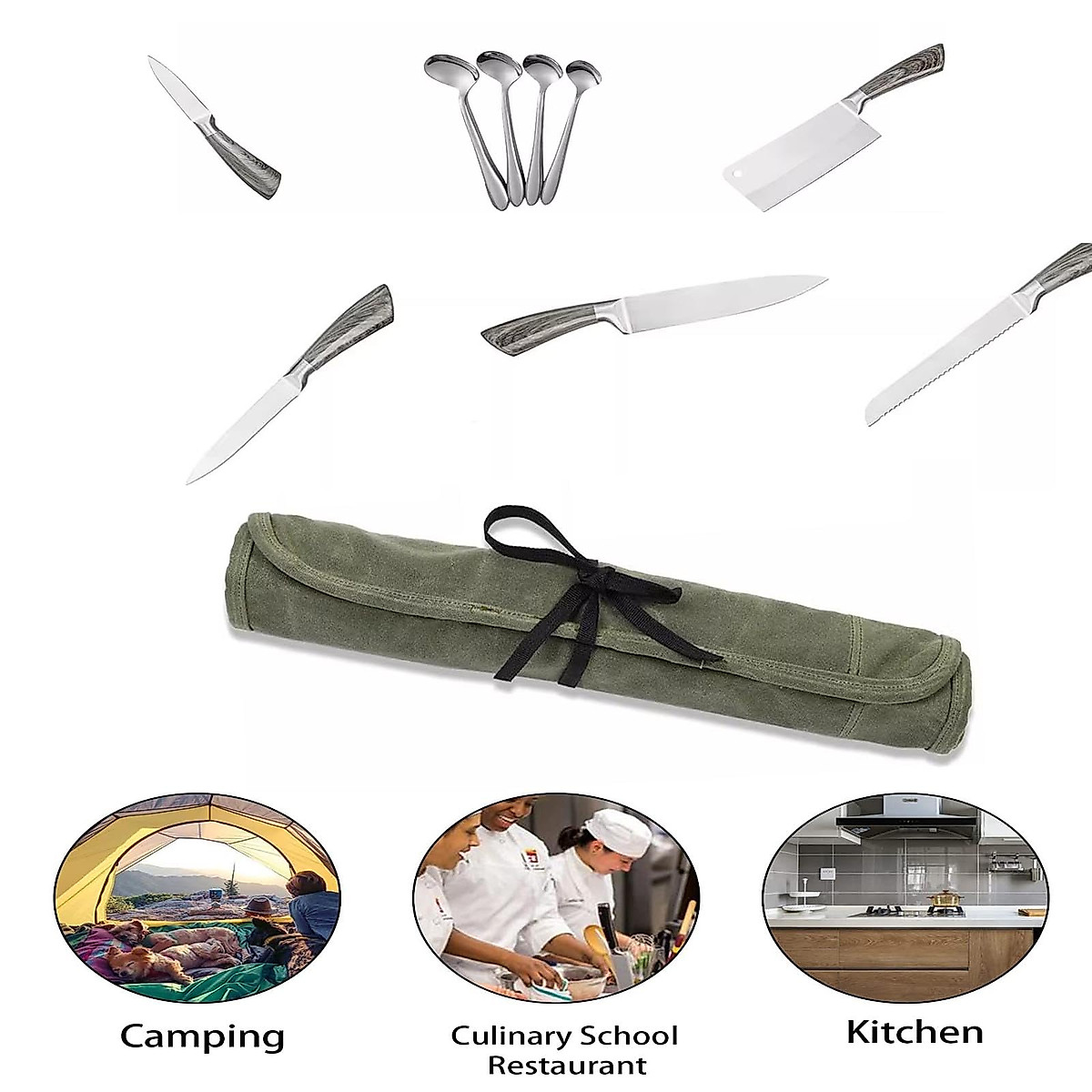 Senvitate Knife Roll, Waxed Canvas Chef's Knife Roll Bag, 7 Knife Slots for Cutlery Knives and Kitchen Utensils, Knife Storage Case Knife Carrier Perfect for the Traveling Chef (Army Green)