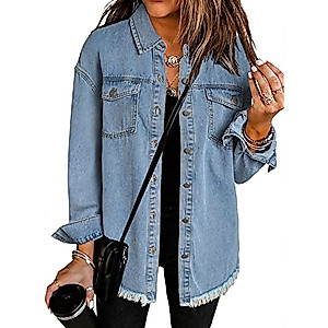 Dokotoo Women's Washed Boyfriend Oversized Lapel Button Up Long Sleeve Denim Trucker Jacket Distressed Ripped Denim Jackets Fashion Distressed Jean Jacket for Women with Pockets, (US 8-10) M,Sky Blue