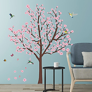 2 Sheets Removable Pink Peach Tree Wall Decals Cherry Blossom Trees Wall Stickers Birds Butterfly Wall Decal Home Art Decor for Kids Girls Babys Bedroom Nursery Room Living Room Decorations (A)