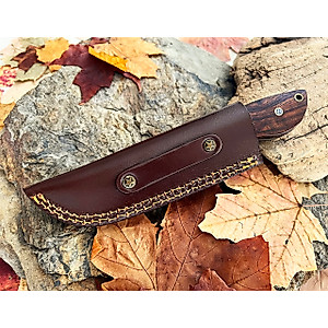 WINTERFELL Personalized Fixed Blade Damascus Hunting Knife with Sheath, Engraved Custom Gifts For Hunter, Customized Gift For Husband, Dad, Son, Unique Father's Day Gift (Brown)