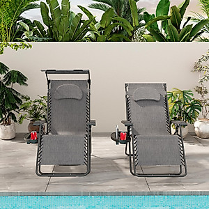 Goplus Zero Gravity Chairs, X-Large Folding Lounge Lawn Chair w/Canopy Shade & Cup Holder, Adjustable Folding Patio Recliner for Pool Porch Deck Oversize (Grey)
