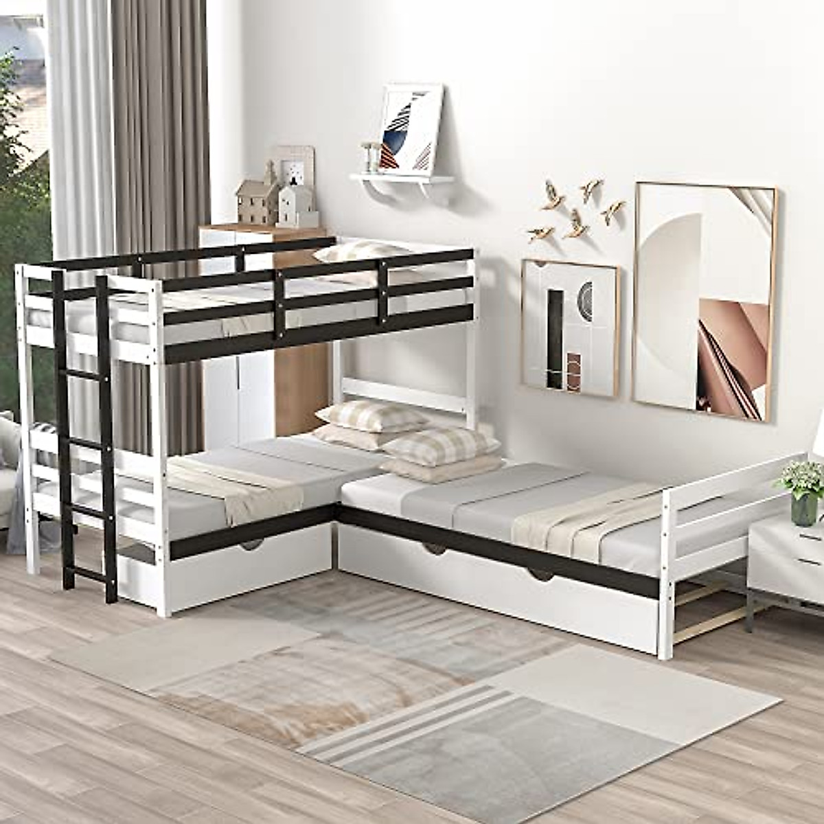 P PURLOVE Twin Over Twin & Twin Bed Bunk with Trundle, Drawer and Ladder, L-Shaped Bunk Bed Frame with Wooden Slat Support and Full-Length Guardrails, No Box Spring Needed (White)
