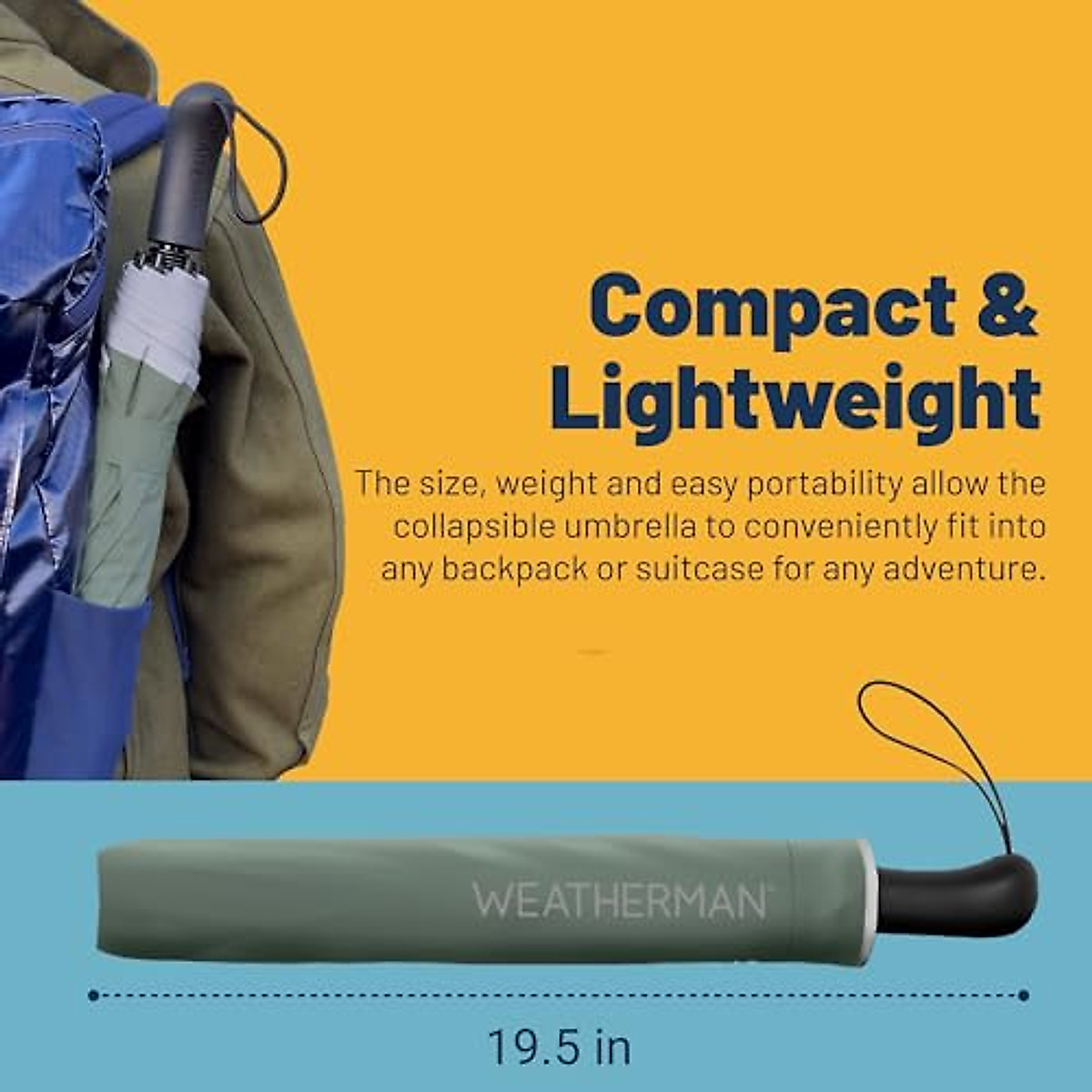 Weatherman Umbrella - Premium Collapsible Small Travel Umbrella Compact - Windproof Umbrella Resists Up to 55 MPH Winds - Travel Umbrellas for Rain, Wind, Backpack, Car Umbrella - Portable Compact Umbrella Easy Auto Open w/ Strong Fiberglass Frame - Foldi