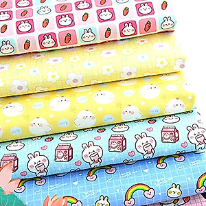 TINGCHAO Pure Cotton Fabric Simple Cartoon Cute Little Animal Rabbit Shiba Inu Sushi Drink Pattern Handmade Crafts Cloth for Sewing Girl Shirt Headband 130X50cm,A