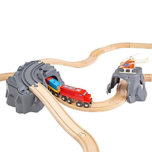 ORBRIUM Lift and Load Wooden Train Set with Magnetic Crane, Magnetic Helicopter, Large Diesel Engine, Semi-Truck, Shipping Container Flat Car Compatible with Thomas, Brio, Chuggington, Melissa & Doug