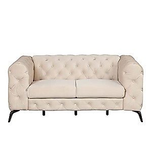 kevinplus 63'' Loveseat Chesterfield Sofa Couch for Living Room, Velvet Modern 2-Seat Button Tufted Upholstered Small Sofa Couch with Strong Metal Legs for Apartment Bedroom Office, Beige