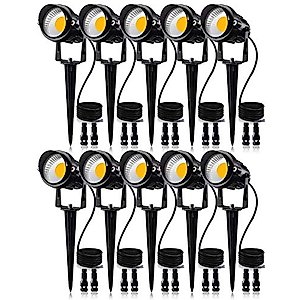 SUNVIE 12W Low Voltage LED Landscape Lights with Connectors, Outdoor 12V Super Warm White (900LM) Waterproof Garden Pathway Lights Wall Tree Flag Spotlights with Spike Stand (10 Pack with Connector)