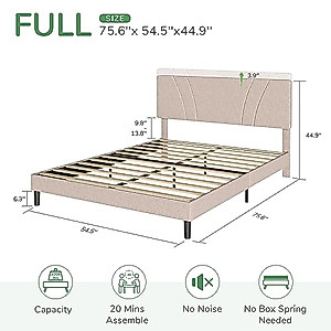 Novilla Full Size Platform Bed Frame with Upholstered Headboard and Strong Wooden Slats Support, Mattress Foundation, Noise Free, No Box Spring Needed, Easy Assembly, Beige