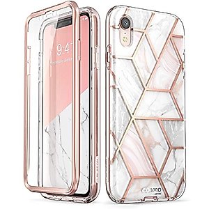 i-Blason Cosmo Full-Body Bumper Case with Built-in Screen Protector for iPhone XR 2018 Release, Pink Marble, 6.1"