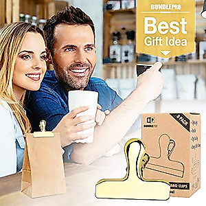 Pack of 8 Shiny Gold Bag Clips, Stainless Steel and Heavy Duty Metal Bag Clip,Tightly Seals Chip, Coffee, Bread or Cereal Bags to Keep Food Fresh, for Home, Kitchen, Office, Pantry, Camping