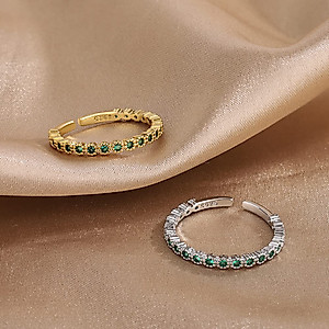 Simulated Emerald Rhinestone Open Adjustable Ring Cubic Zirconia Crystal Stacking Enternity Anniversary Wedding Statement Finger Bands Fashion Rings Jewelry for Women Girls Girlfriend Bridesmaid (Gold)