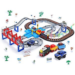 CUTE STONE Toy Train Set for Toddler, Train Track Set with Cars, Electric Train with Realistic Sound, Train Track Playset for 3 4 5 Years Old Girls & Boys