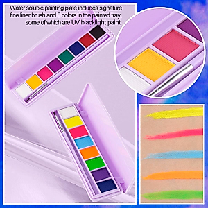 Mysense 16 Colors Water Activated Eyeliner Palette,Neon Face Paint,Fluorescent Bright Rainbow Colorful Body Paint Makeup,Matte and UV Blacklight Graphic Eyeliner,With Eyeliner Brush