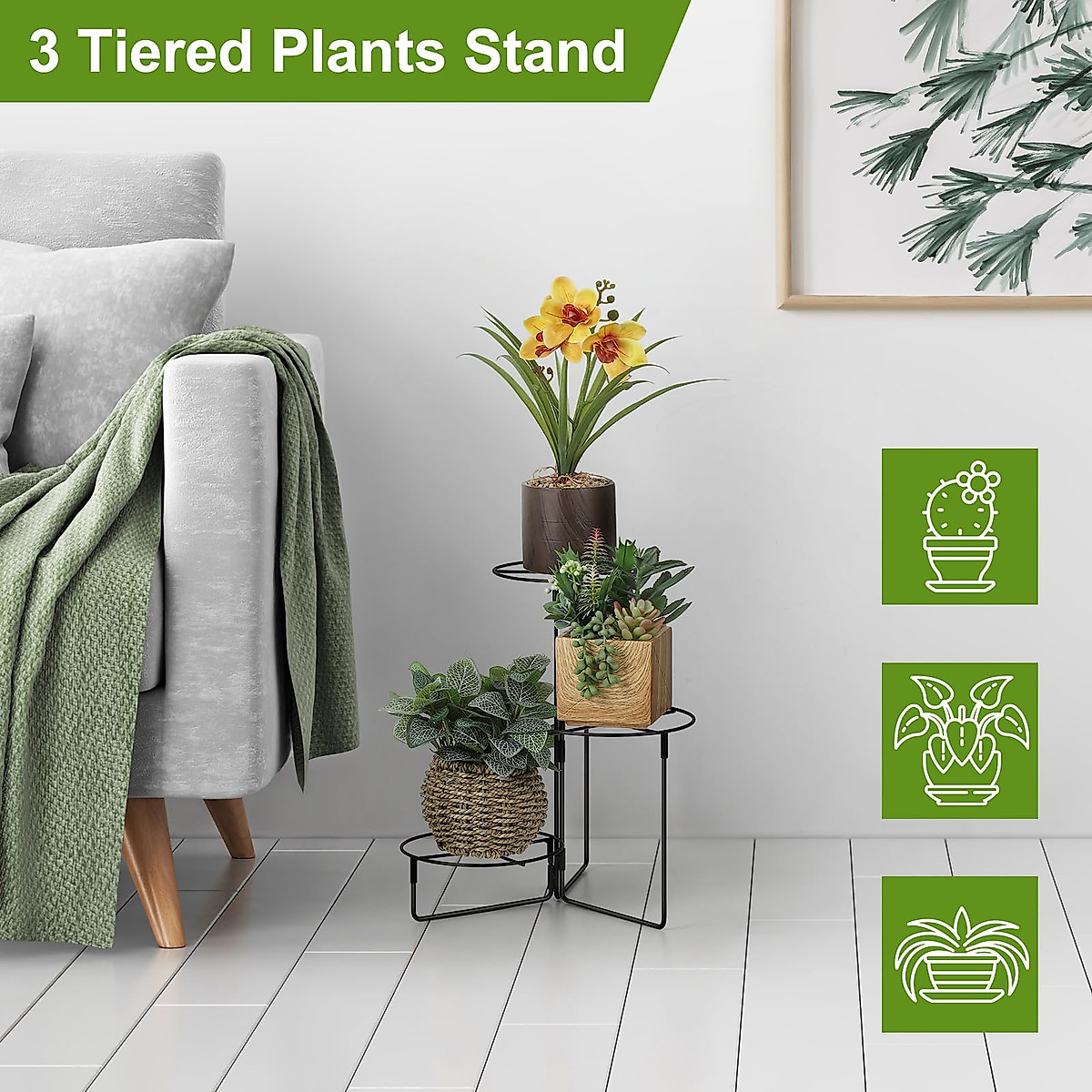 smusei Plant Stand Indoor, 3 Tier Small Metal Plant Stand, Corner Plant Stand for Multiple Plants, Adjustable Plant Stand for Living Room, Balcony, Garden, Patio (Black)