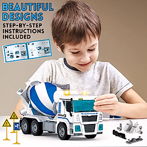 Take Apart Toy Cement Mixer Toy Truck - 107 Pcs STEM Toys Building Kit w/Drill, Realistic Toy Construction Vehicle for Kids Friction Power Push & Go Lights & Sounds for Boys Ages 4 5 6 7 8 Years Old