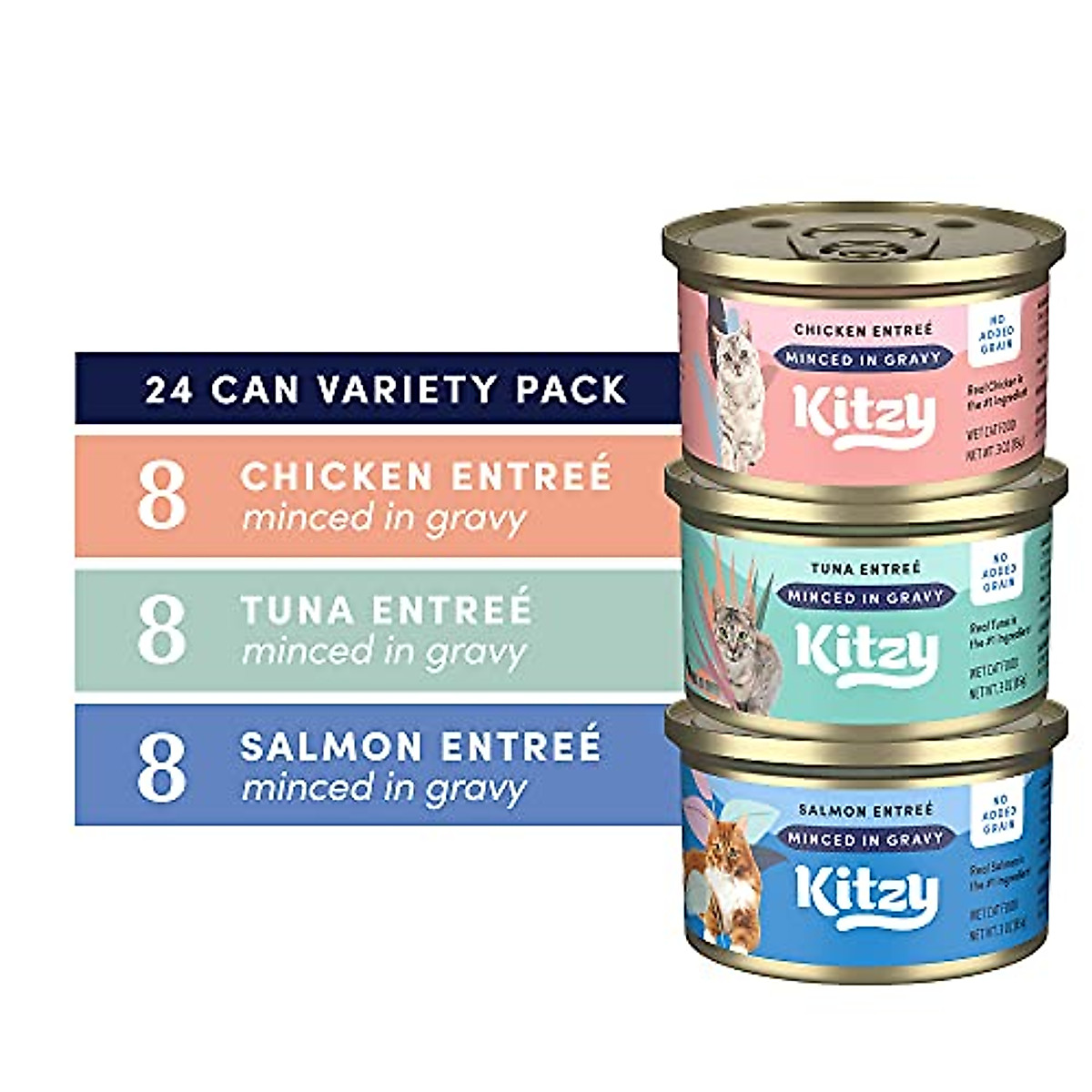 Amazon Brand - Kitzy Wet Cat Food, Variety Pack (Chicken,Tuna & Salmon), Poultry & Seafood cuts in Gravy, Grain Free, 3 Oz (24 pack)
