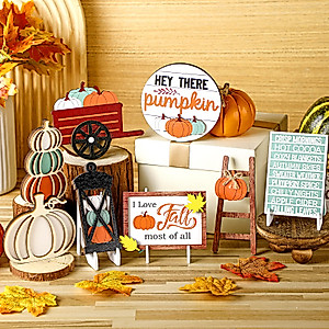 Thyle 8 Pack Fall Tiered Tray Decor Set Autumn Pumpkins Rustic Farmhouse Decor Wooden Blue Pumpkin Tabletop Signs Thanksgiving Tiered Tray Decor for Home Thanksgiving Autumn