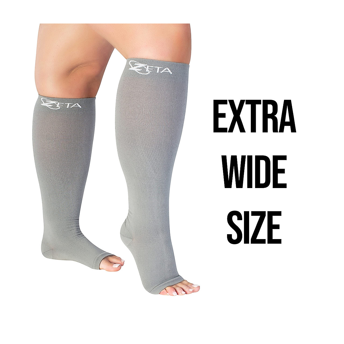Zeta Wear Plus Size Open Toe Leg Sleeve Support Socks - Wide Calf Compression Open Toe Socks Men and Women Amazing Fit, Travel, Flight Socks, Compression & Soothing Relief, 1 Pair, Size 3XL, Gray