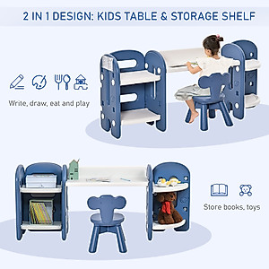 Qaba Kids Table and Chair Set, Activity Desk with Bookshelf & Storage for Study, Activities, Arts, or Crafts, Blue and White
