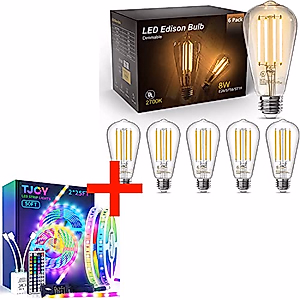 TJOY 6pack Led Edison Light Bulbs+LED Strip Lights with 44 Key Remote 50 ft (44 Key Remote Control +25ft x2+Indoor only)