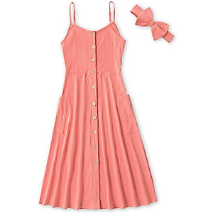 IFFEI Mommy and Me Dresses Matching Set Solid Front Button Family Matching Sleeveless Dresses with Headband and Pockets 3-6M Cora