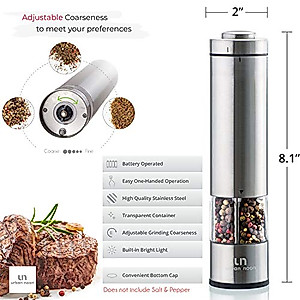 Electric Salt and Pepper Grinder Set - Battery Operated Stainless Steel Mill with Light (2 Mills) - Automatic One Handed Operation - Electronic Adjustable Shakers - Ceramic Grinders