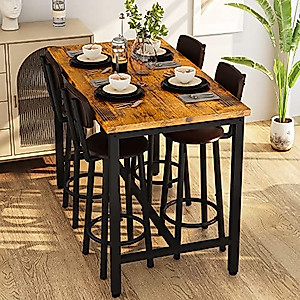 AWQM Bar Table and Chairs Set Industrial Counter Height Pub Table with 4 Chairs Bar Table Set 5 Pieces Dining Table Set Home Kitchen Breakfast Table, PU Upholstered Stools with Backrest, Rustic Brown
