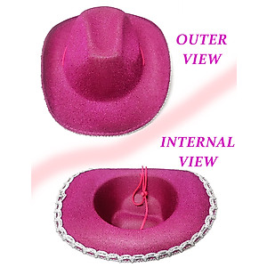 JICASTO Cowboy Hat Pink Cowgirl Hat with Sequins & Tiara Crown for women Rodeo Party Hats with Heart Glasses (Glitter Fringed Hot Pink)