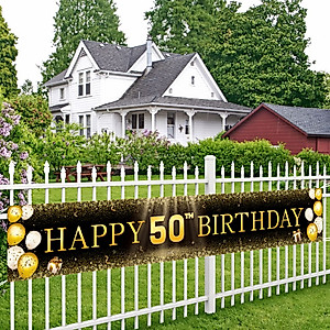 TZSS Black & Gold 50th Birthday Banner Decorations - Extra Large 118"x20" Reusable Yard Sign for Women & Men, Over The Hill Party Decor Indoor Outdoor, 50 and Fabulous Happy 50th