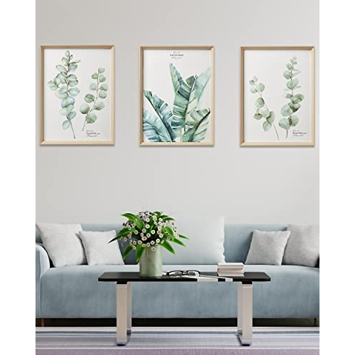HesenDot Framed Wall Art，Botanical Prints for Bedroom, Minimalist 3 Piece Wood Art Wall Decor Aesthetic, 16x12in High Frame Design Prints Flower Green Eucalyptus Leaf Artworks, MDF Framed Poster for Kitchen, Bathroom, Bedroom Set of 3