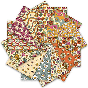 Whaline 12Pcs Retro Floral Cotton Fabric Bundles Rose Pink Boho Flower Rainbow Fat Quarters Groovy Hippie Quilting Patchwork for DIY Handmade Crafting, 18 x 22 Inch