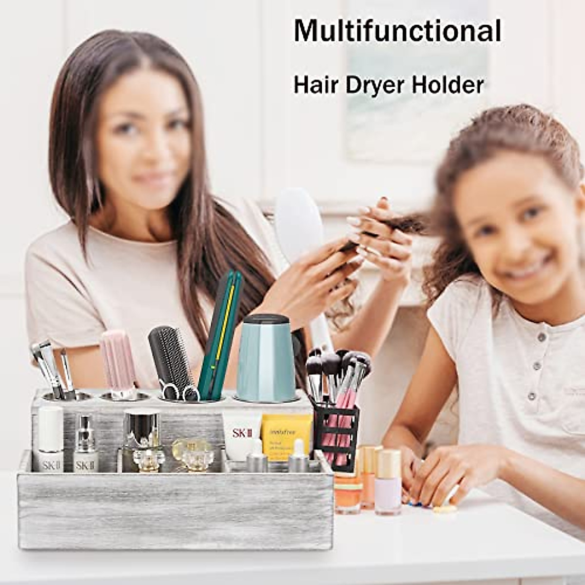 TRSPCWR Hair Tool Organizer, Wooden Hair Dryer Holder and Bathroom Countertop Blow Dryer Holder, Vanity Caddy Storage Stand for Accessories, Makeup, Toiletries