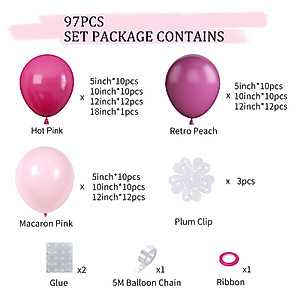 GREMAG Pink Balloon Garland Kit, Hot Pink Balloons Arch Party Decorations, 97 Pcs Macaron Pink Retro Peach, 18 12 10 5 Inch Latex Balloons with Balloon Flower For Birthday Shower Princess Theme Decor