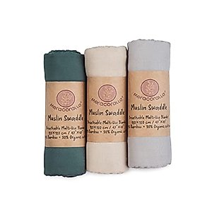 Meracorallo Muslin Swaddle Blanket Silky Soft Receiving Blanket Neutral Swaddle Wrap for Baby Boys and Girls, 47 x 47 inches, Set of 3 Solid Color (Green+Beige+Gray)