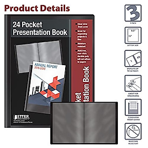 24 Pocket Bound Sheet Protector Presentation Book, 3 Pack, Clear View Front, 48 Page Capacity, by Better Office Products, Art Portfolio, Durable Black Poly Front and Back Covers, Letter Size