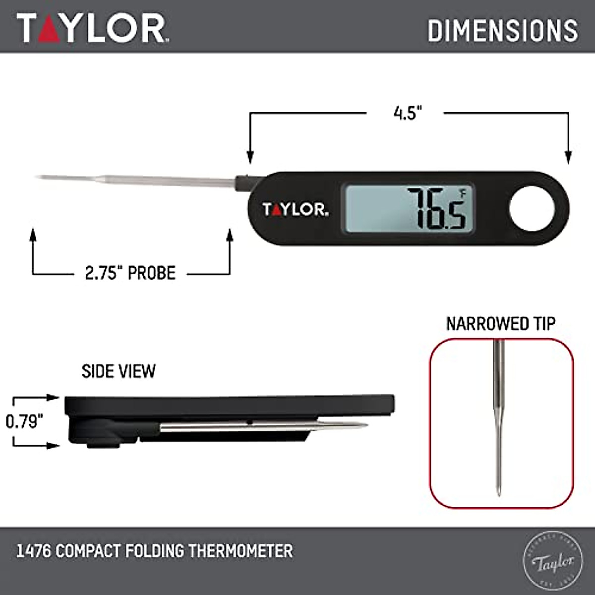 Taylor Instant Read Digital Meat Food Grill BBQ Cooking Kitchen Thermometer, Folding Probe, Black