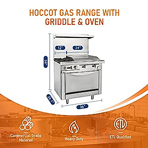HOCCOT 36” Gas Range Stove with 2 Burners and 24” Griddle Cooktop, Freestanding Commercial Natural Gas Restaurant Range Stainless Steel w/Standard Oven & Cast Iron Grate, 135,000 BTU Total