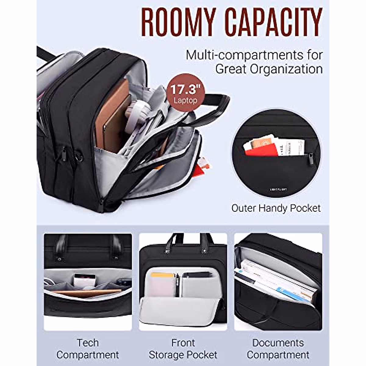 LIGHT FLIGHT Laptop Bag 17.3 Inch, Laptop Briefcase for Men Women, Expandable Large Computer Bag for Work, Office, Business Travel (Black)