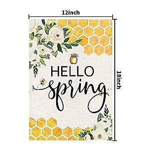 Hello Spring Bees Floral Garden Flag 12x18 Inch Double Sided Burlap Outside, Flower Seasonal Sign Yard Outdoor Decoration DF238